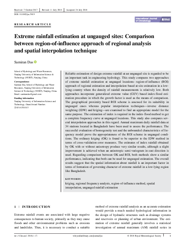 (PDF) Extreme rainfall estimation at ungauged sites: Comparison between ...