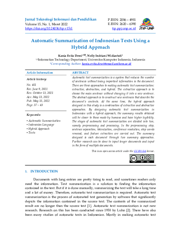 (PDF) The Design of Automatic Summarization of Indonesian Texts Using a Hybrid Approach