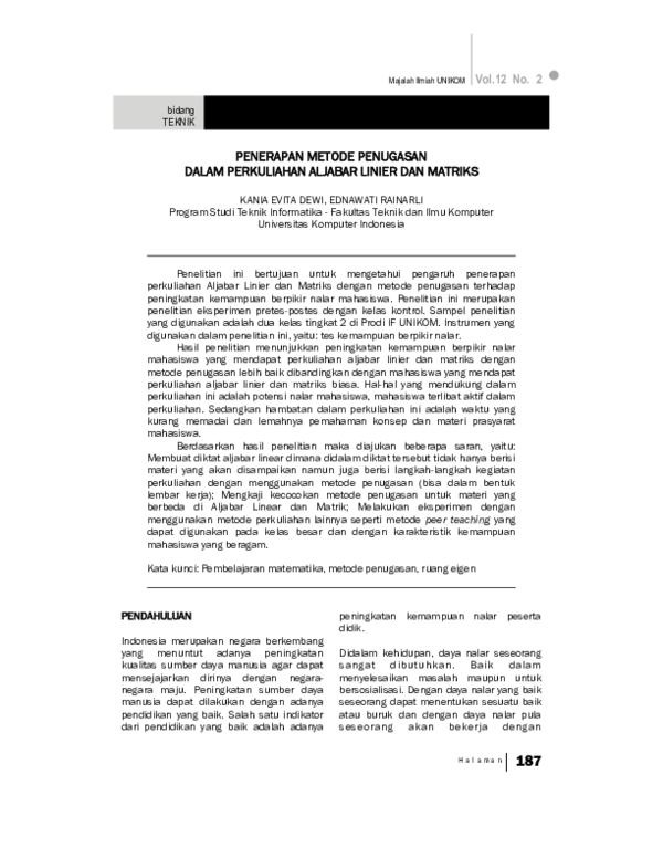 (PDF) Penerapan metode penugasan dalam perkuliahan aljabar linier dan matriks