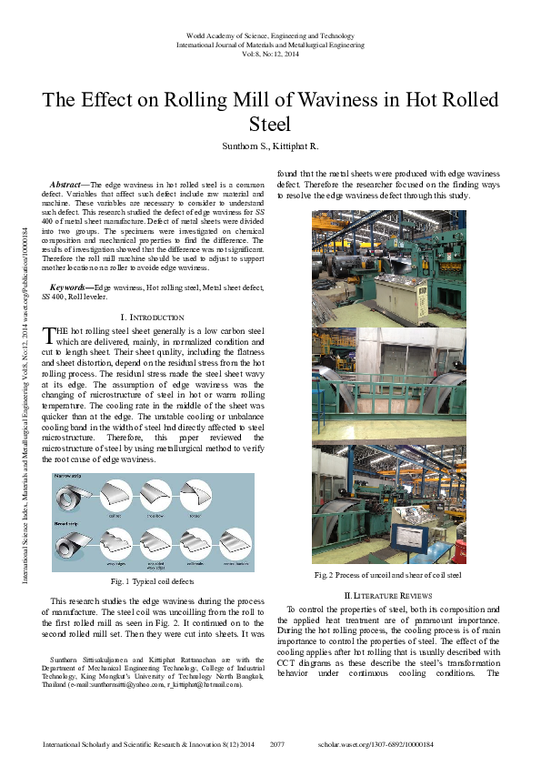 (PDF) The Effect On Rolling Mill Of Waviness In Hot Rolled Steel
