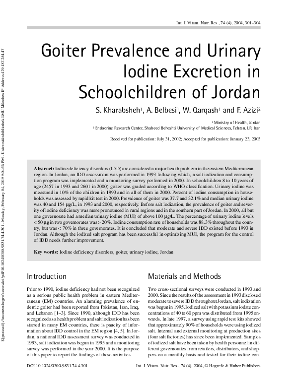 (PDF) Goiter Prevalence and Urinary Iodine Excretion in Schoolchildren ...