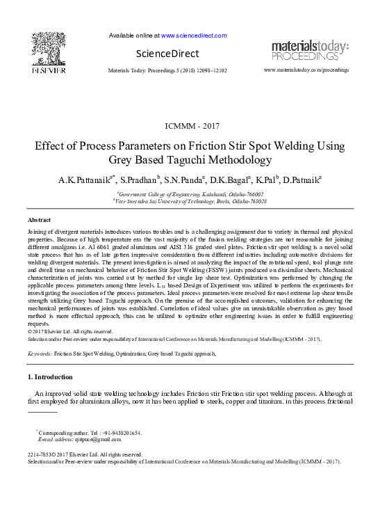 (PDF) Effect of Process Parameters on Friction Stir Spot Welding Using Grey Based Taguchi ...