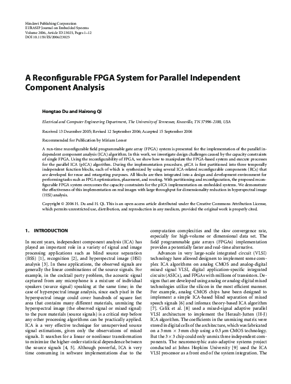 Pdf A Reconfigurable Fpga System For Parallel Independent Component Analysis Hairong Qi 8518
