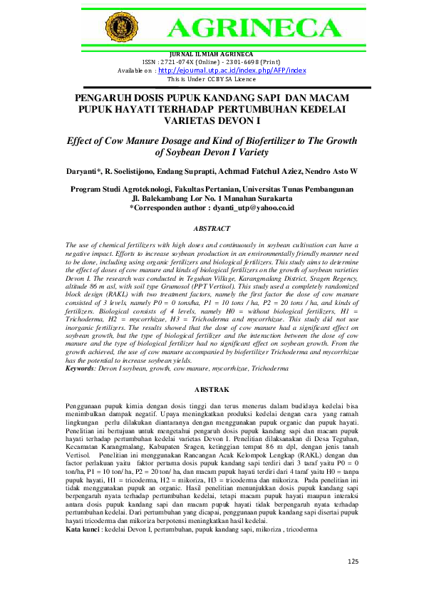 (PDF) Pengaruh Dosis Pupuk Kandang Sapi Dan Macam Pupuk Hayati Terhadap Pertumbuhan Kedelai ...