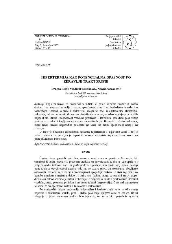 Hipertermija kao potencijalna opasnost po zdravlje traktoriste