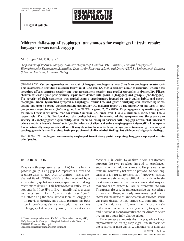 (PDF) Midterm follow-up of esophageal anastomosis for esophageal ...