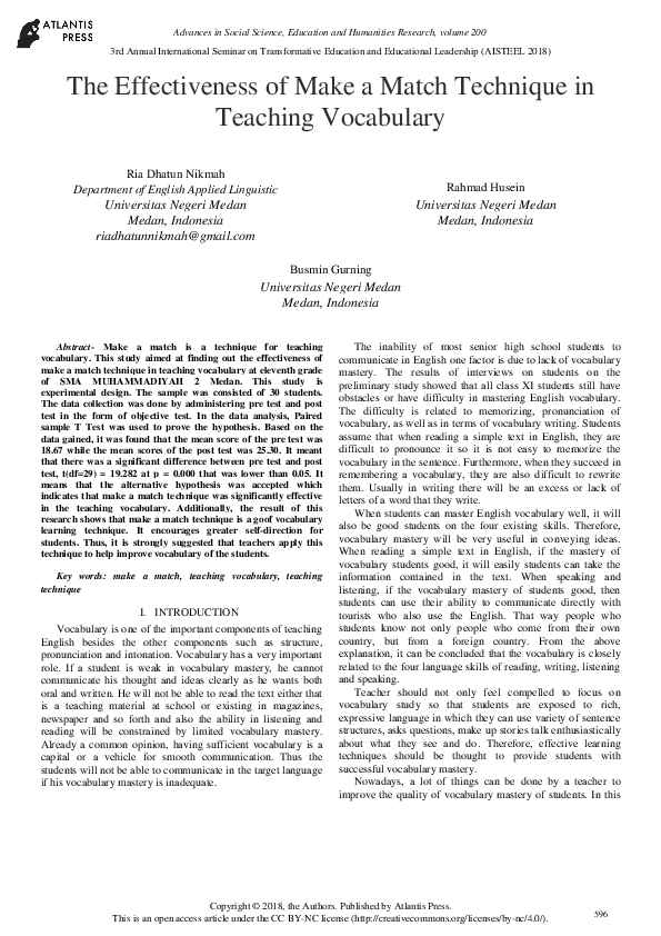(PDF) The Effectiveness of Make a Match Technique in Teaching Vocabulary