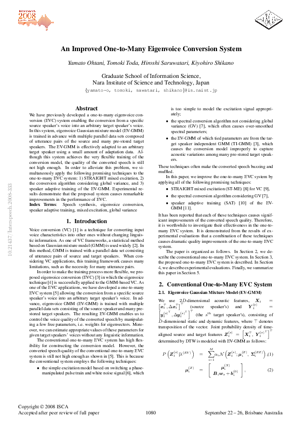 (PDF) An improved one-to-many eigenvoice conversion system