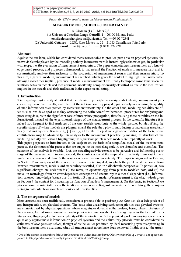(PDF) Paper for TIM – special issue on Measurement Fundamentals