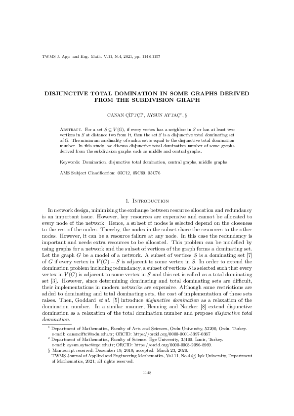 (PDF) Disjunctive total domination in some graphs derived from the subdivision graph | Canan ...