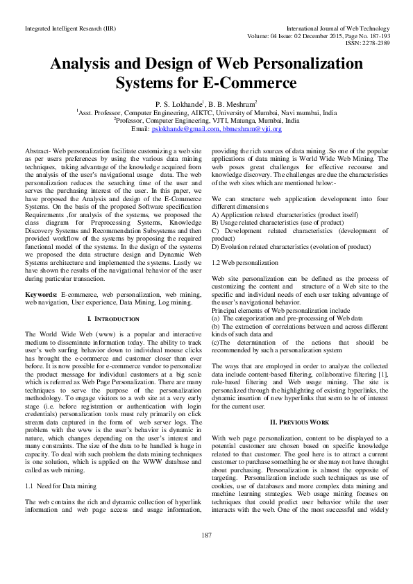 (PDF) Analysis and Design of Web Personalization Systems for E-Commerce | prashant Lokhande ...