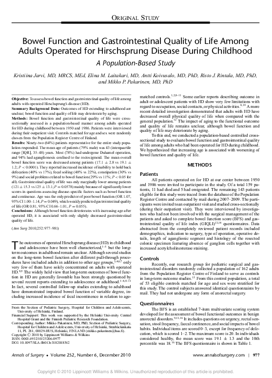 (PDF) Bowel Function and Quality of Life After Transanal Endorectal Pull-through for ...