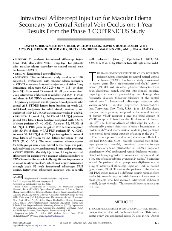 Pdf Intravitreal Aflibercept Injection For Macular Edema Secondary To