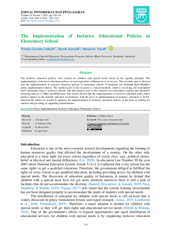 (PDF) The Implementation of Inclusive Educational Policies in Elementary School