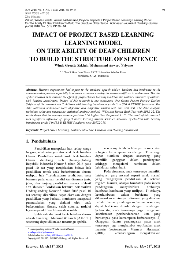 (PDF) Impact of Project Based Learning Learning Model on the Ability of Deaf Children to Build ...