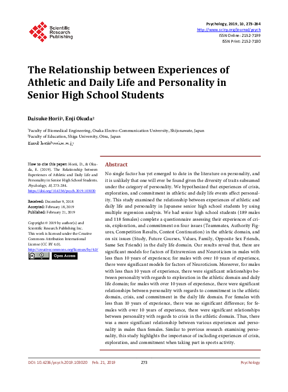 (PDF) The Relationship between Experiences of Athletic and Daily Life ...