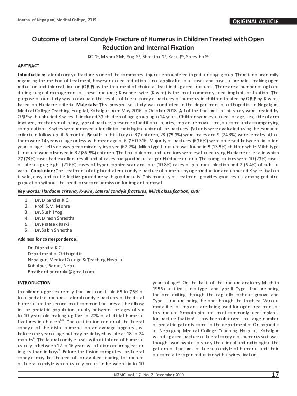 (PDF) Outcome of Lateral Condyle Fracture of Humerus in Children ...