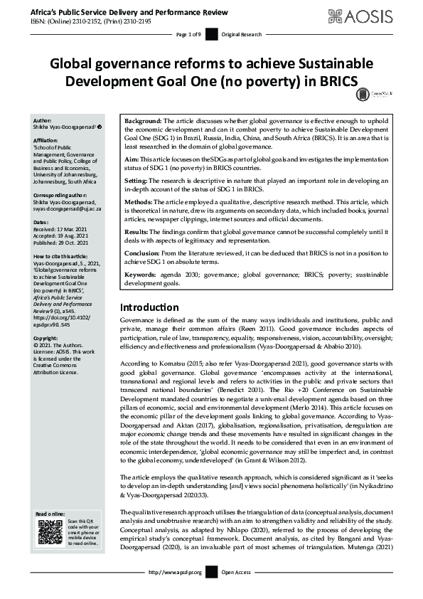 (PDF) Global governance reforms to achieve Sustainable Development Goal ...