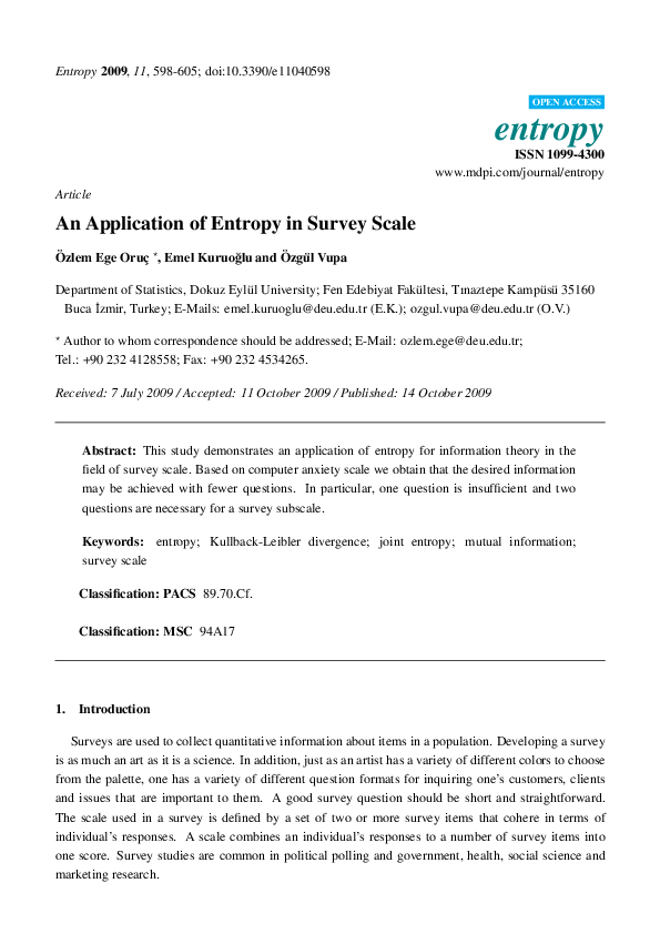 (PDF) An Application of Entropy in Survey Scale
