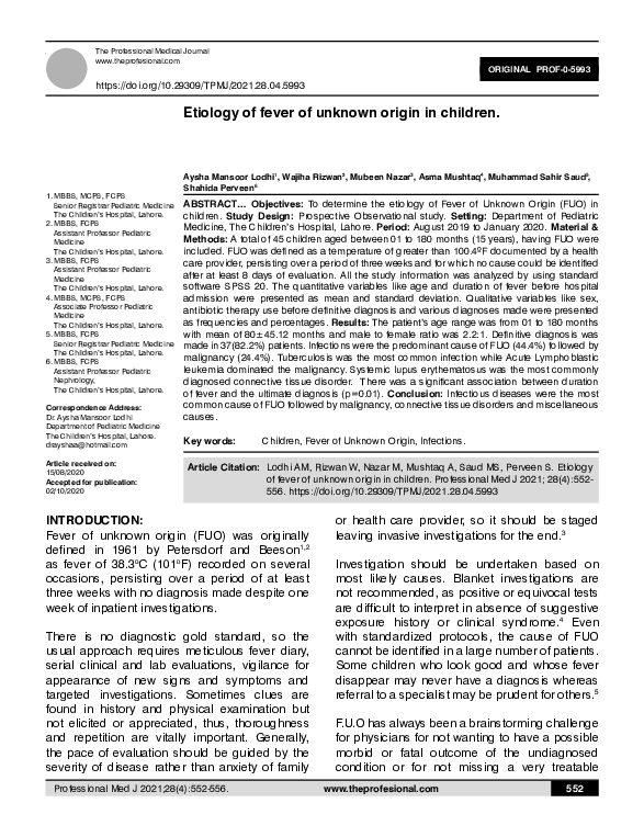 (PDF) Etiology of fever of unknown origin in children