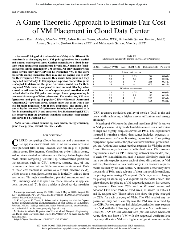 (PDF) A Game Theoretic Approach to Estimate Fair Cost of VM Placement in Cloud Data Center
