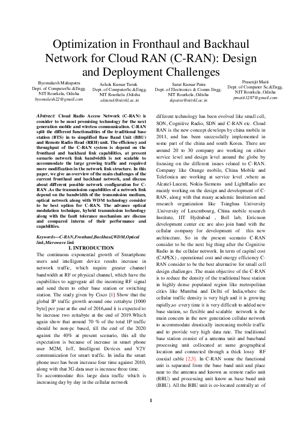 (PDF) Optimization in fronthaul and backhaul network for cloud RAN (C-RAN): Design and ...