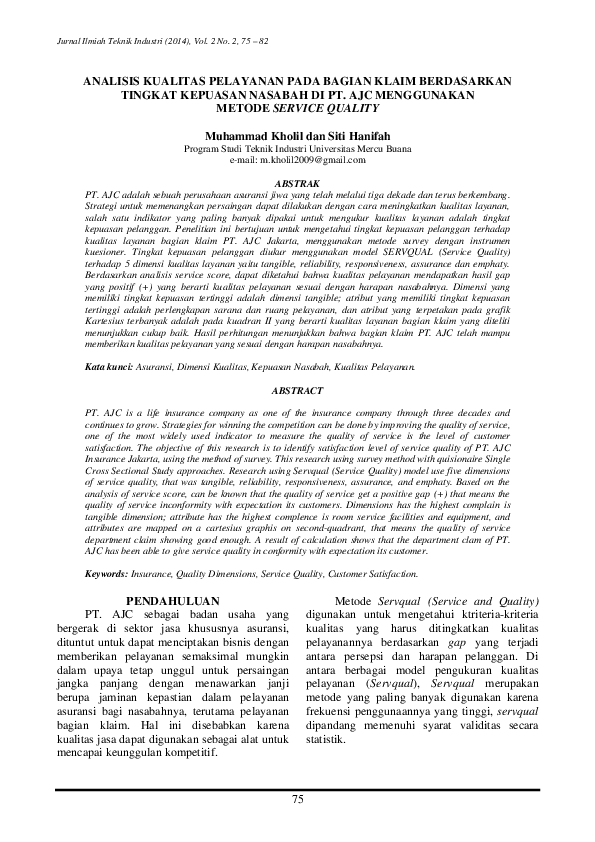 (PDF) Analisis Kualitas Pelayanan Pada Bagian Klaim Berdasarkan Tingkat Kepuasan Nasabah DI Pt ...