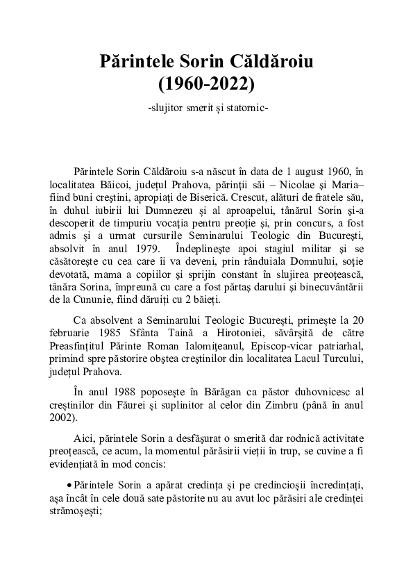 (DOC) NECROLOG Parintele Sorin Caldaroiu