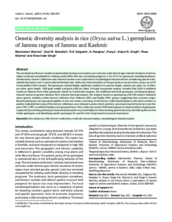 (PDF) Genetic diversity analysis in rice (Oryza sativa L.) germplasm of Jammu region of Jammu ...