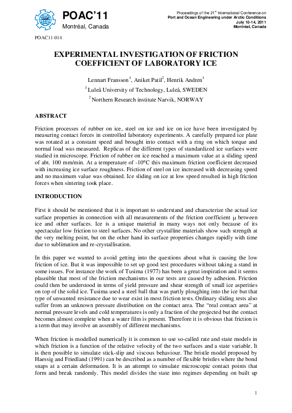 (PDF) Experimental Investigation of Friction Coefficient of Laboratory Ice (PDF) Experimental Investigation of Friction Coefficient of Laboratory Ice