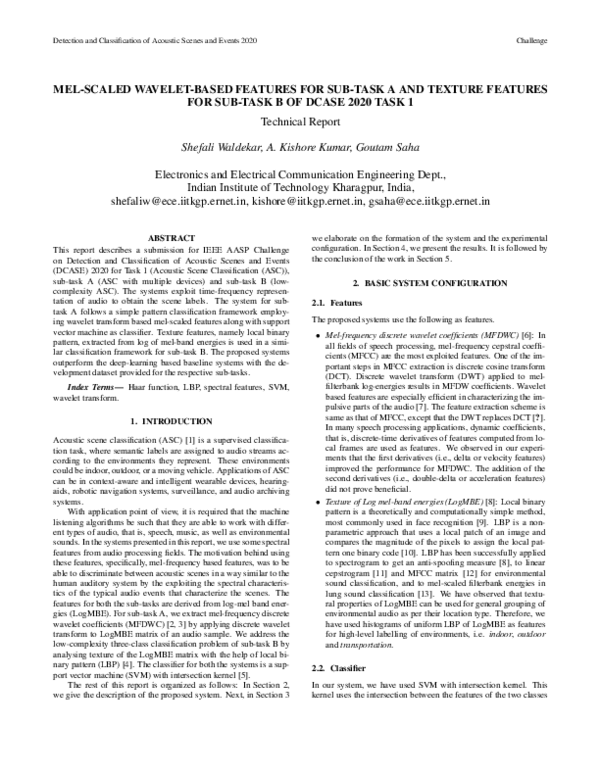 (PDF) MEL-SCALED WAVELET-BASED FEATURES FOR SUB-TASK A AND TEXTURE ...