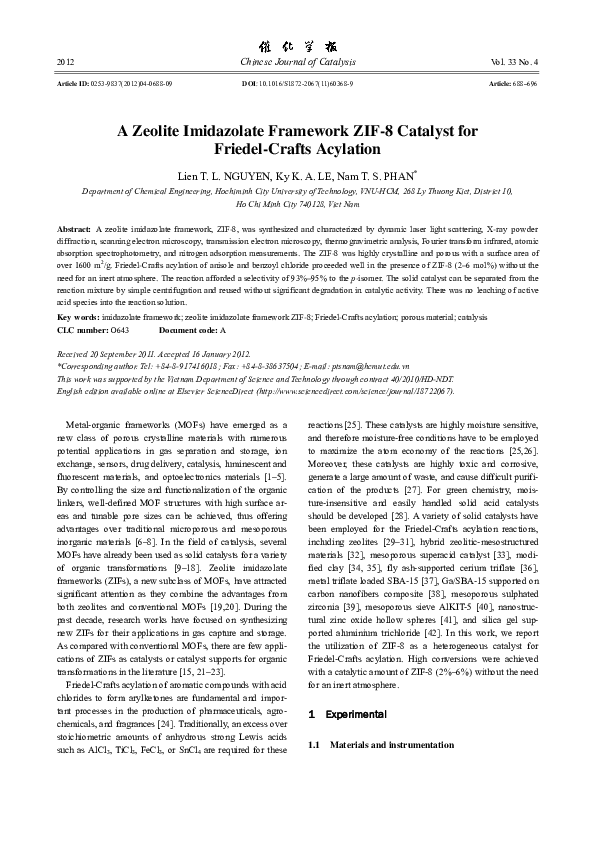 (PDF) A Zeolite Imidazolate Framework ZIF-8 Catalyst for Friedel-Crafts Acylation