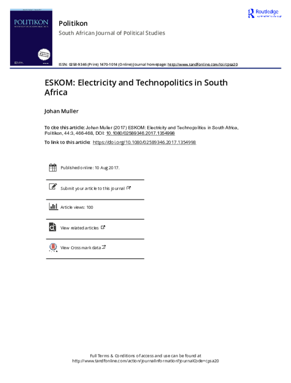 (PDF) Eskom: electricity and technopolitics in South Africa by Syvly ...