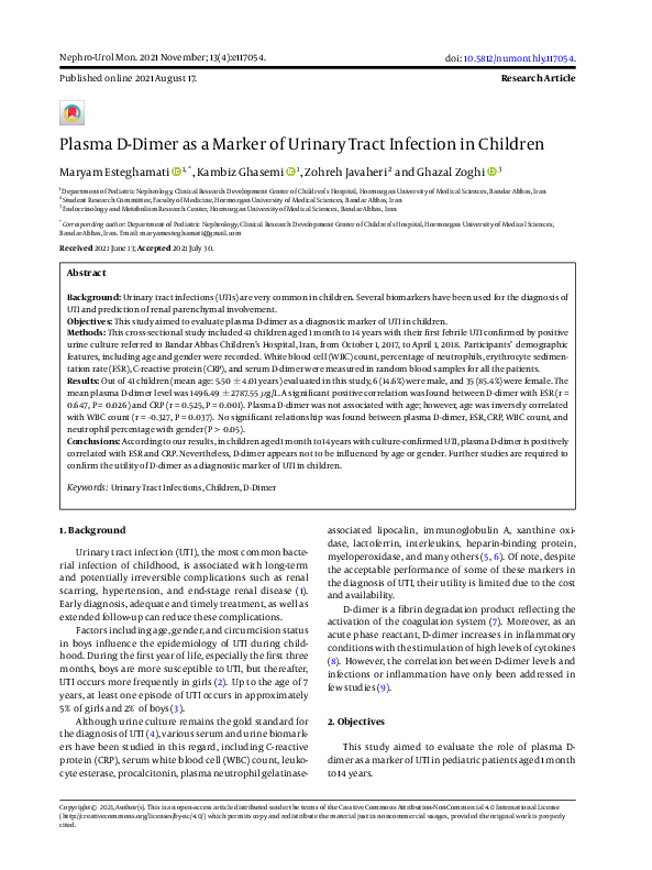 (PDF) Plasma D-Dimer as a Marker of Urinary Tract Infection in Children