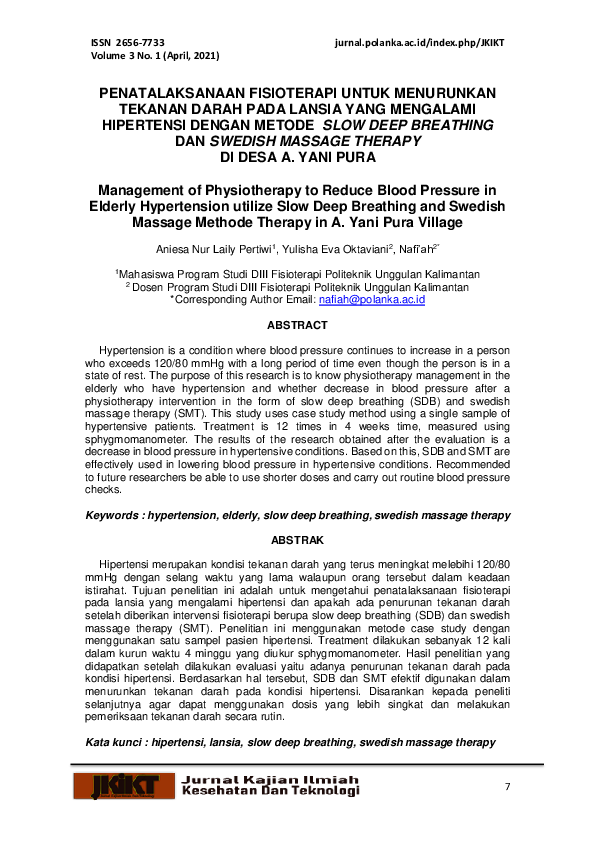(PDF) Penatalaksanaan Fisioterapi untuk Menurunkan Tekanan Darah pada Lansia yang Mengalami ...