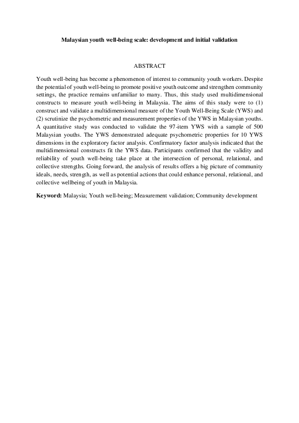 (PDF) Malaysian youth well-being scale: development and initial validation