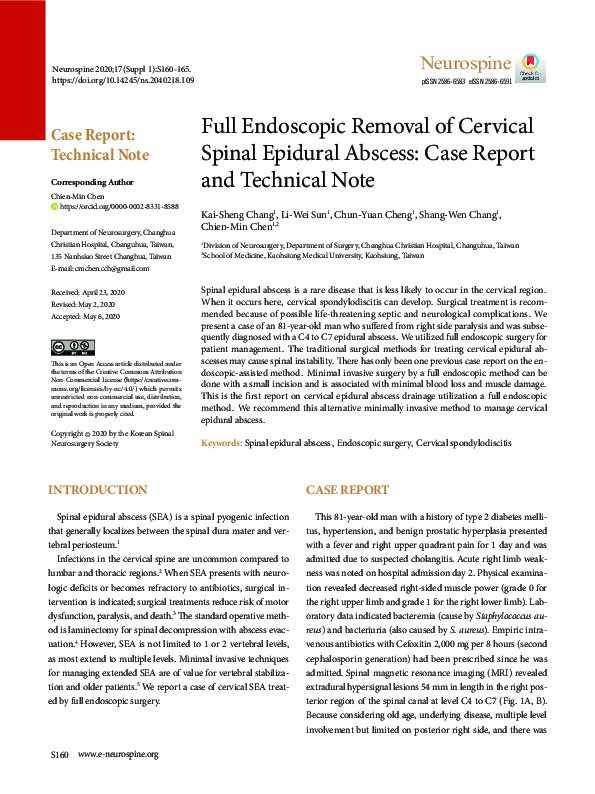 (PDF) Full Endoscopic Removal of Cervical Spinal Epidural Abscess: Case ...