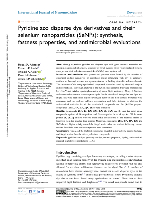 (PDF) Pyridine azo disperse dye derivatives and their selenium nanoparticles (SeNPs): synthesis ...