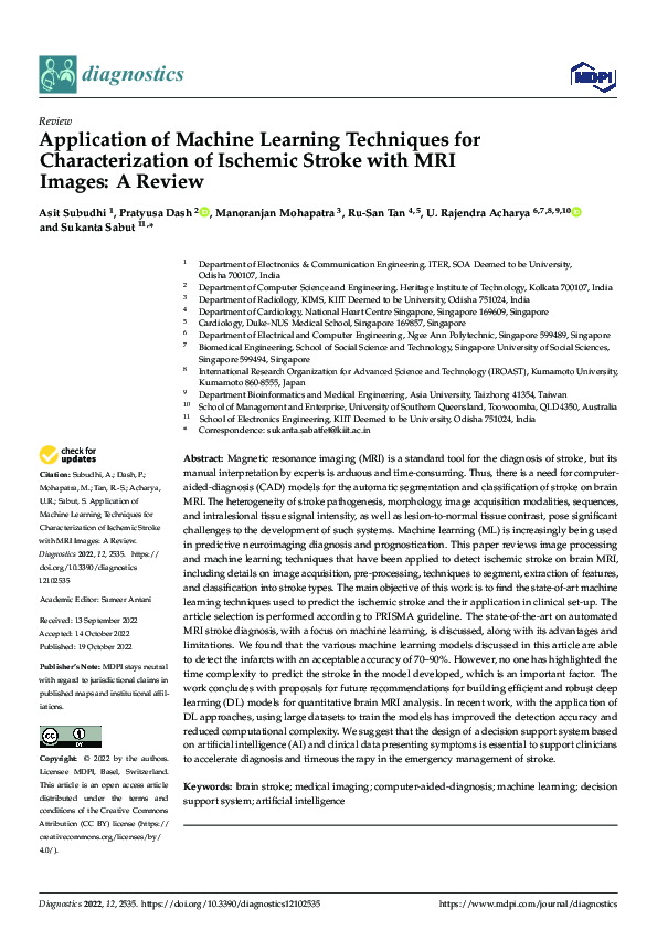 (PDF) Application of Machine Learning Techniques for Characterization of Ischemic Stroke with ...