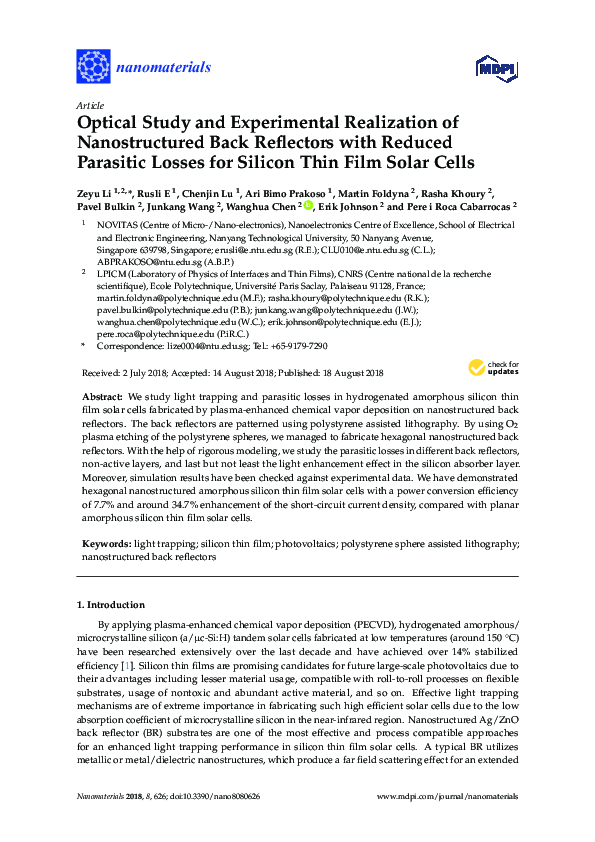 (PDF) Optical Study and Experimental Realization of Nanostructured Back ...