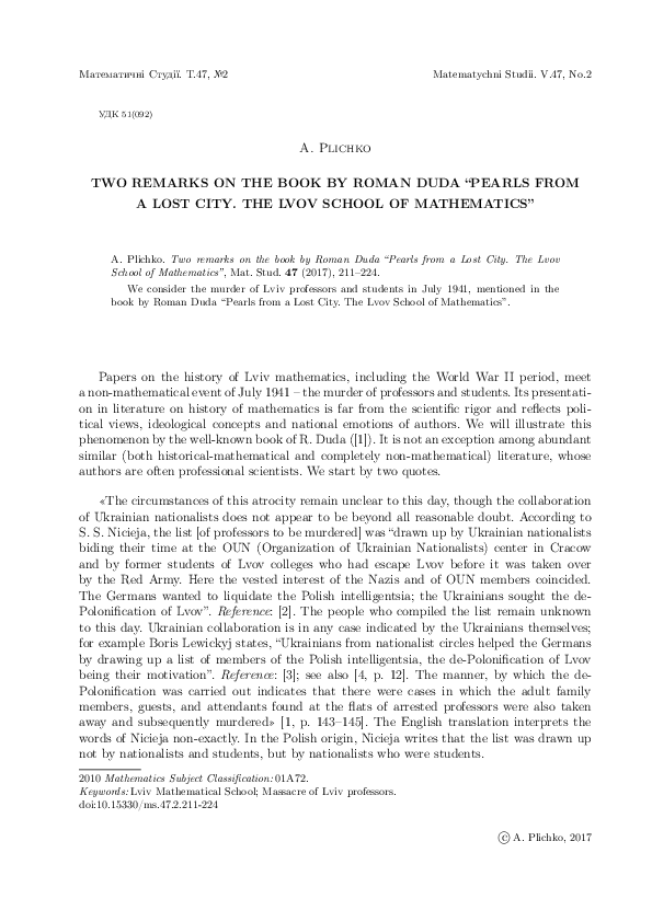 (PDF) Two remarks on the book by Roman Duda ``Pearls from a Lost City ...