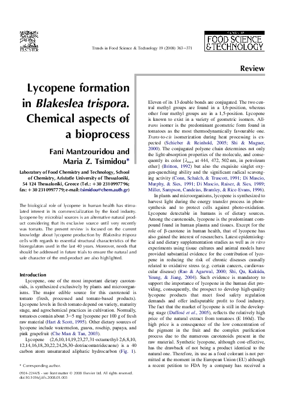 (PDF) Lycopene formation in Blakeslea trispora. Chemical aspects of a ...