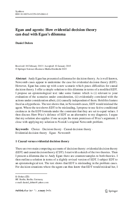 (PDF) Egan and agents: How evidential decision theory can deal with ...