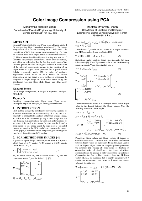 (PDF) Color Image Compression using PCA