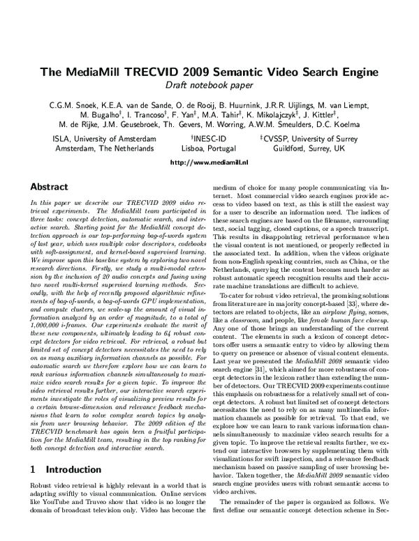 (PDF) The MediaMill TRECVID 2009 semantic video search engine