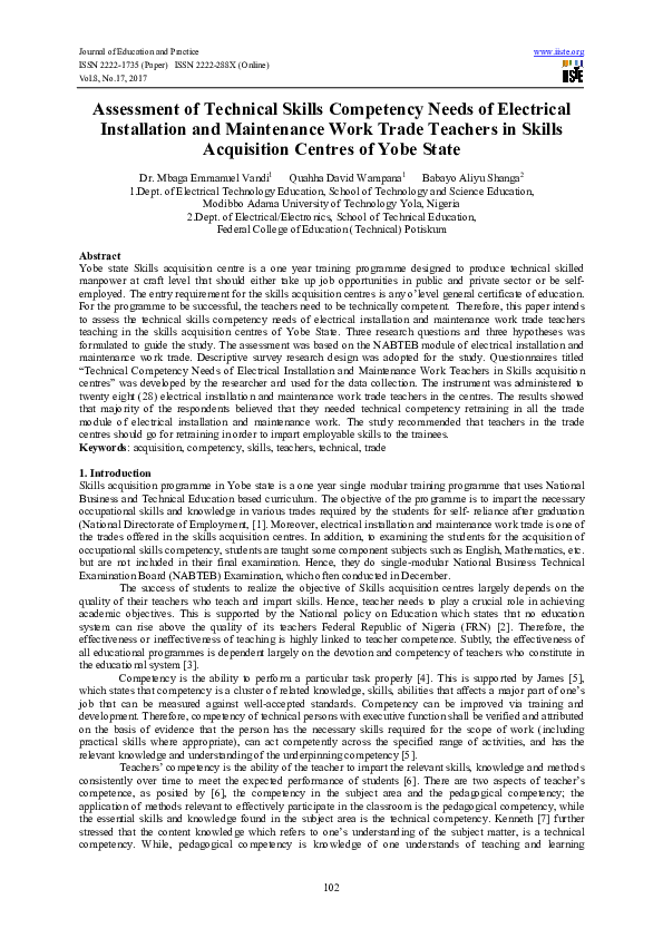 (PDF) Assessment of Technical Skills Competency Needs of Electrical Installation and Maintenance ...