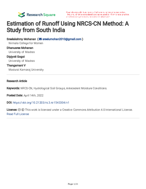 (PDF) Estimation of Runoff Using NRCS-CN Method: A Study from South India