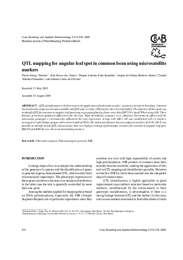 Pdf Qtl Mapping For Angular Leaf Spot In Common Bean Using