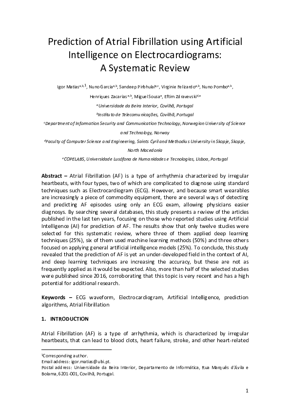 Pdf Prediction Of Atrial Fibrillation Using Artificial Intelligence On Electrocardiograms A