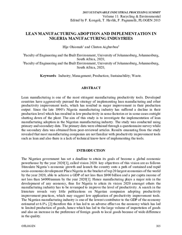 (PDF) Lean Manufacturing Adoption and Implementation in Nigeria Manufacturing Industries